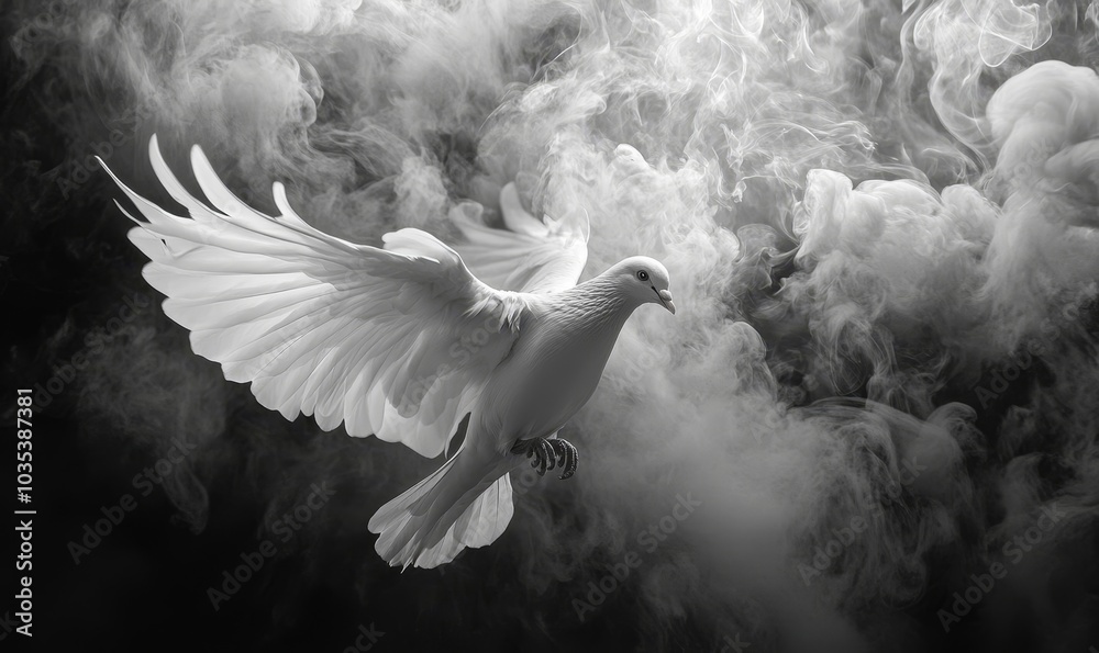 Holy spirit, Dove in flames. White dove flying in the sky with smoke ...