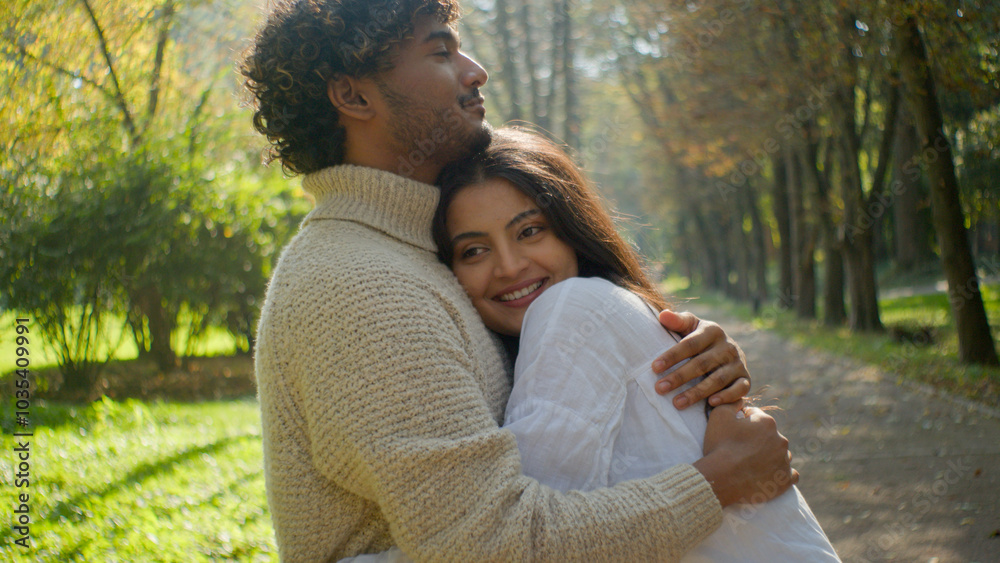 Happy multiethnic loving romantic couple family Arabian Indian man ...
