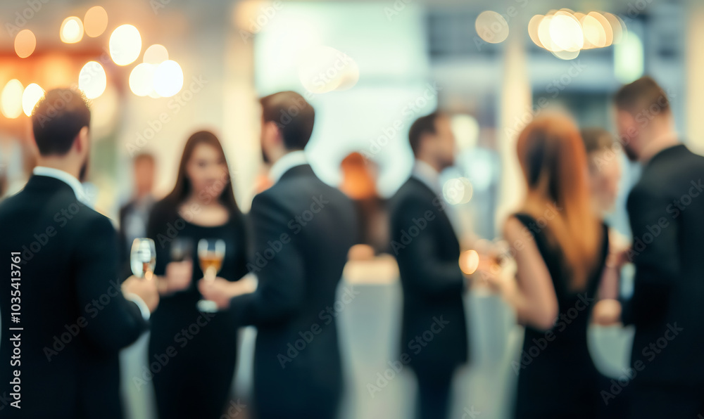 Business professionals at a networking event holding drinks, engaged in ...