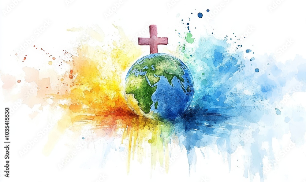 Earth and cross on a white background with watercolor splashes ...