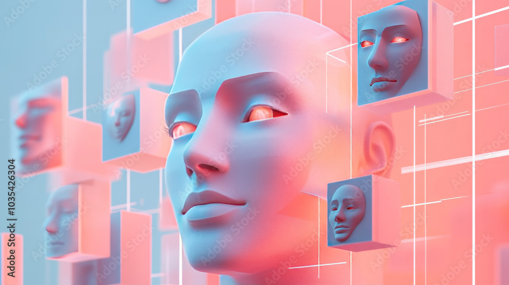 A 3D illustration infographic depicting intelligent face recognition ...