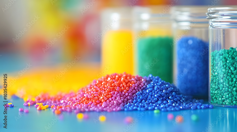 Plastic granulate in orange, a pile of plastic granulate, PA6, ASA, PP ...