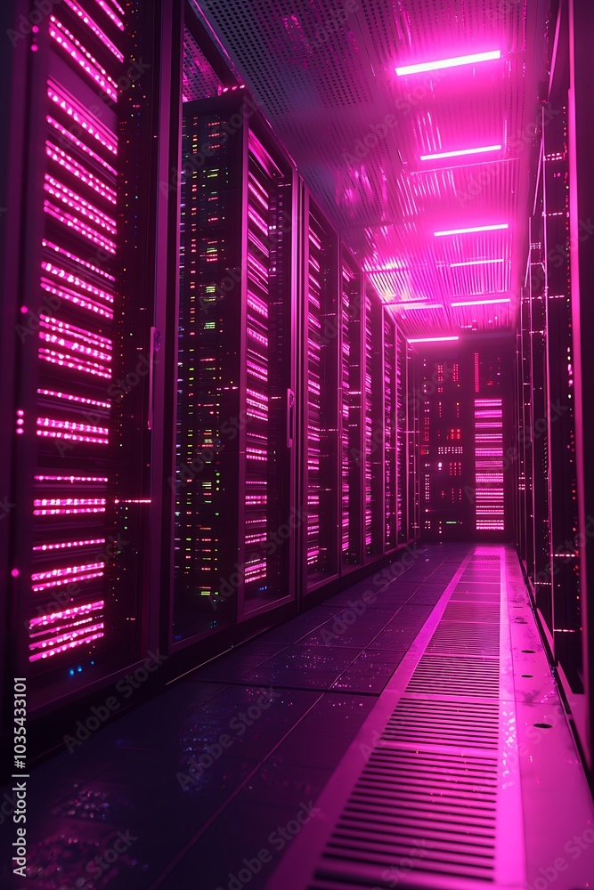 Server racks in a data center, lit by pink neon lights, rendered in 3D ...