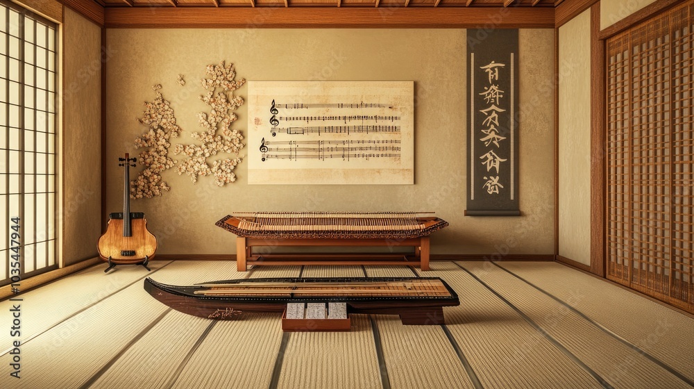 A traditional Japanese music room with tatami flooring and musical ...