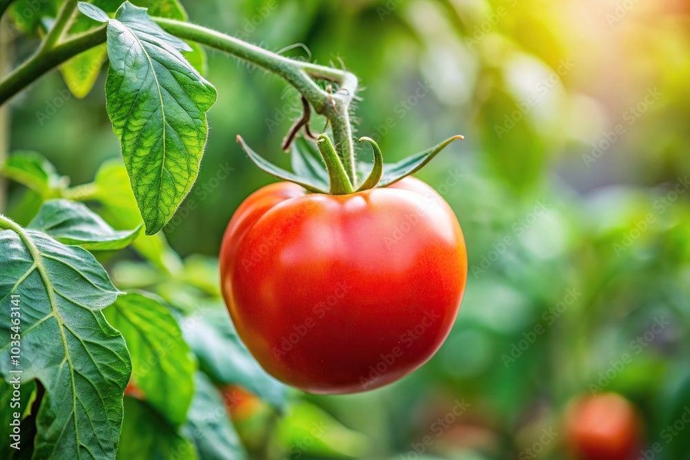A single ripe red tomato hanging from a leafy branch of a healthy ...