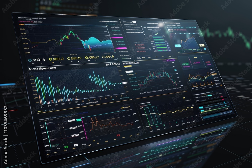 AI-driven stock market analysis on a sleek digital screen, showcasing ...