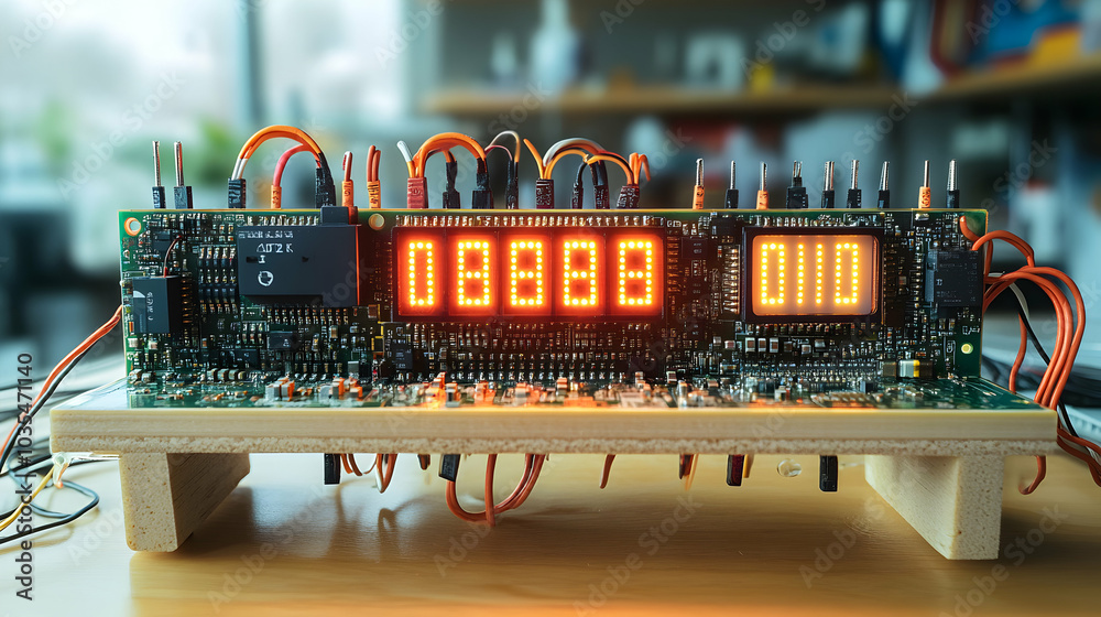 Breadboard with Multiple Electronic Circuits Including 7-Segment ...