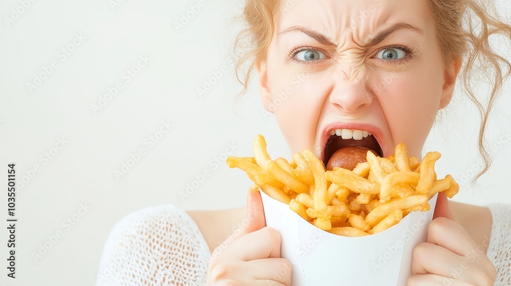 Dynamic young woman resisting temptation of fast food, vibrant energy ...