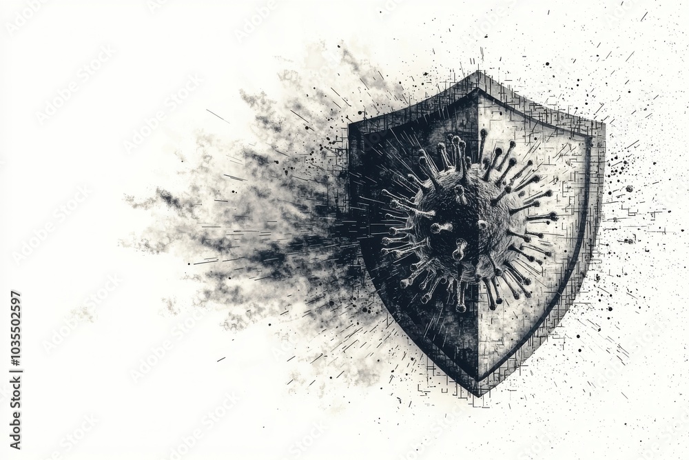 A detailed illustration of a shield protecting against a virus ...