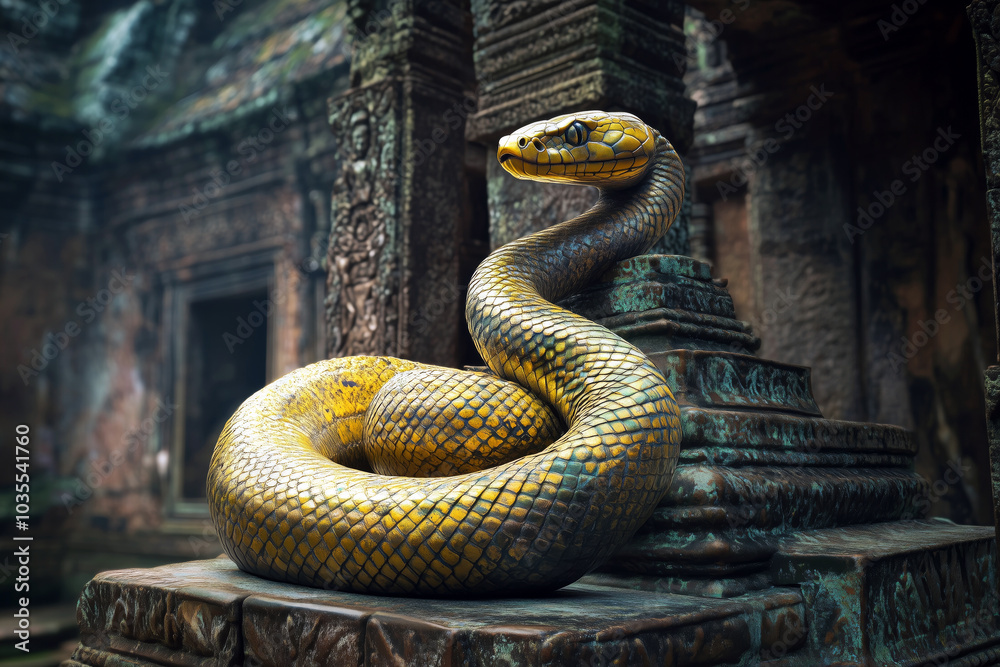 Golden snake coiled around a bronze statue in an ancient temple, rich ...