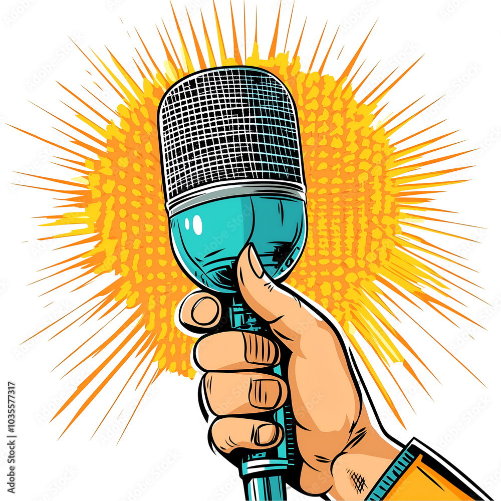 Hand Holding A Microphone In Retro Style Illustration With Vibrant ...
