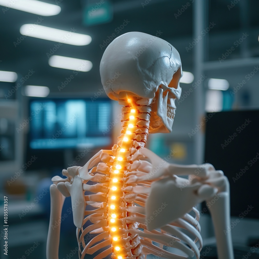 Human skeleton model with illuminated spine in a modern lab setting ...