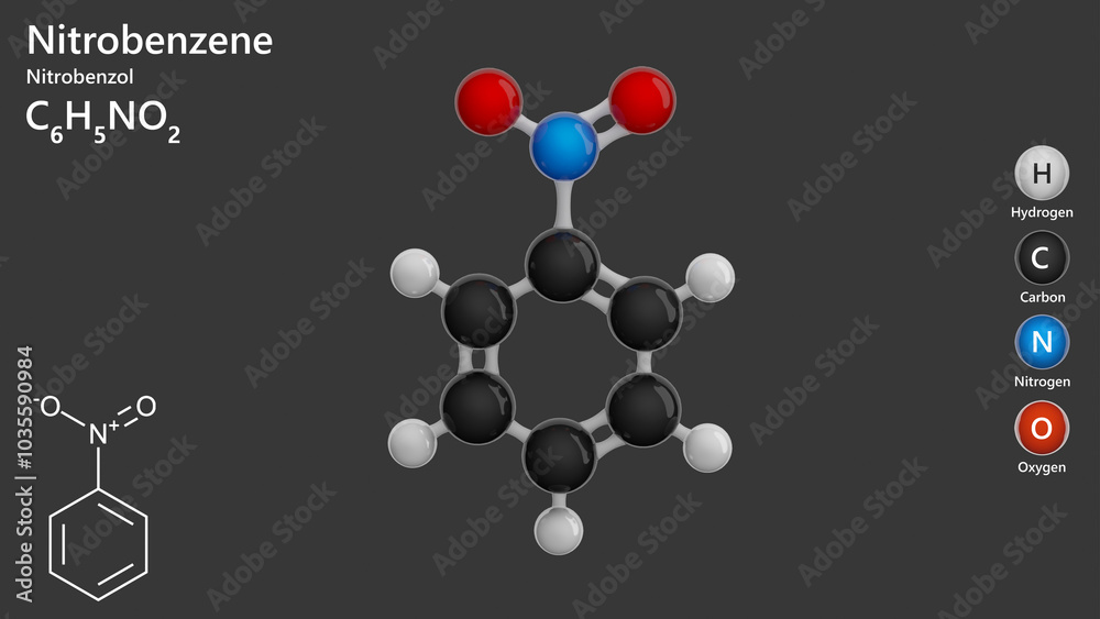 Molecule of Nitrobenzene (C6H5NO2) is a pale yellow oily liquid. It is ...