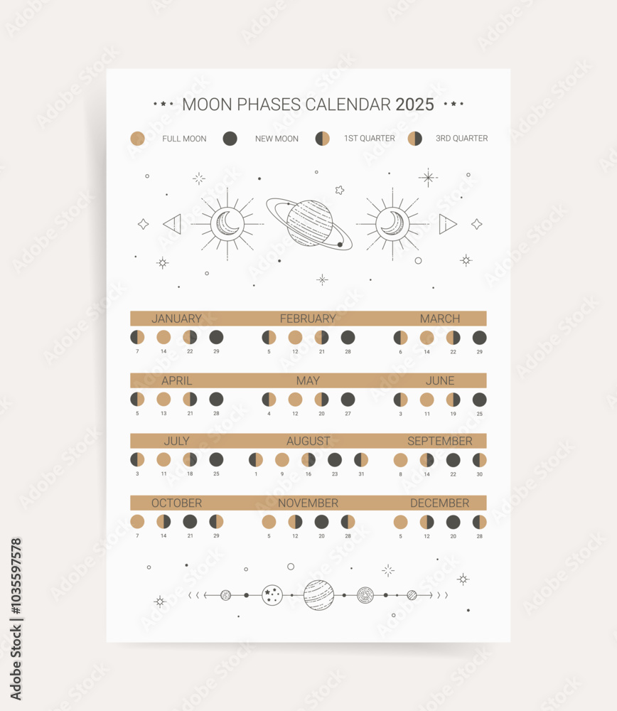 Moon phase calendar 2025. Modern minimal lunar calendar 2025 for ...