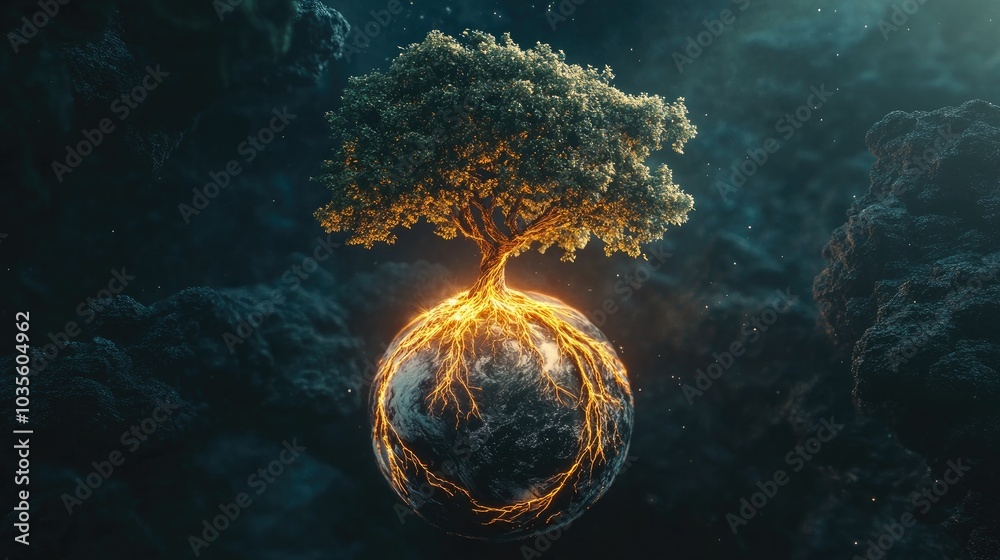 An abstract globe with a tree growing from it, glowing roots and ...