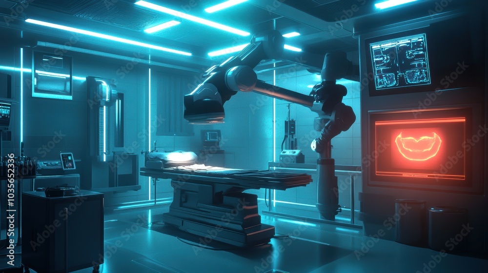 A robotic arm in a futuristic surgery room equipped with digital ...