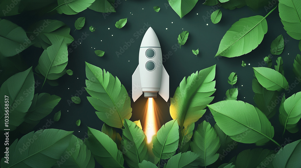 A conceptual image of a rocket launching amidst lush green leaves ...