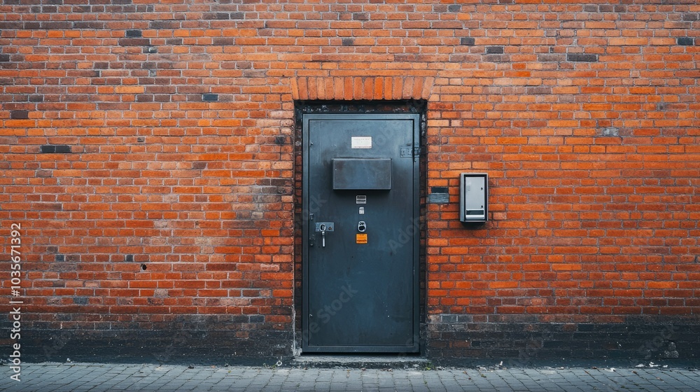 A brick wall with an entrance to a transformer, marked by asymmetrical ...