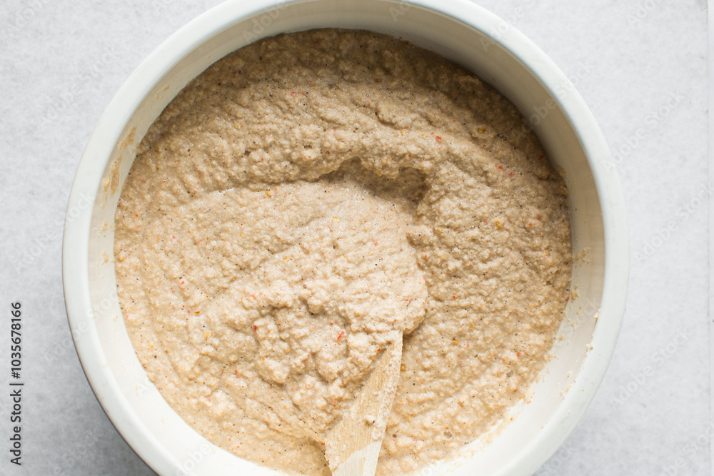 Overhead of moi moi mixture in a white ceramic bowl, top view of ...