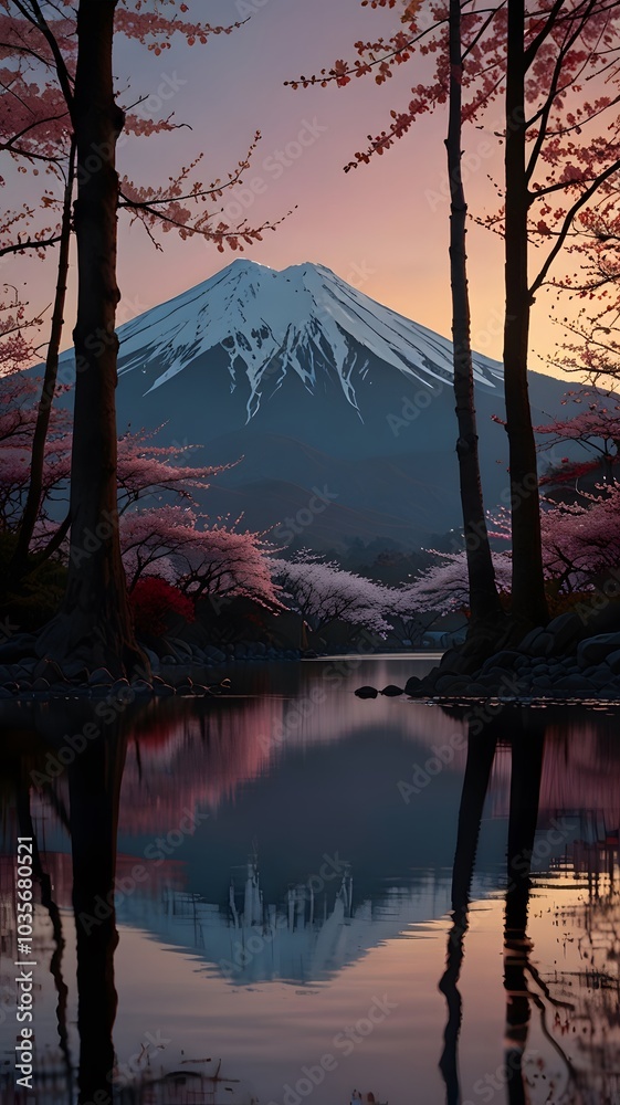 Mount Fuji with Cherry Blossom Trees - Iconic Japanese Scenery Stock ...