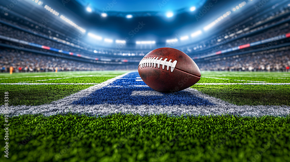 Football lying on grass field of stadium with lights at night Stock ...