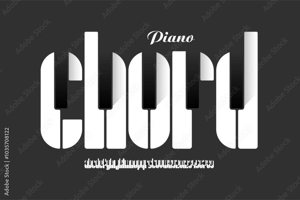 Piano chord. Piano keys style font design, alphabet letters and numbers ...