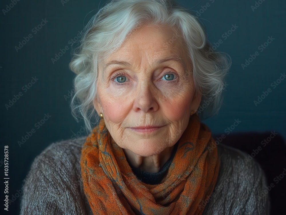 somber portrait of a retired woman, expression of nostalgia and ...