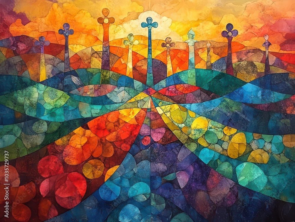 spiritual artwork depicting faith symbols in a vibrant and serene ...