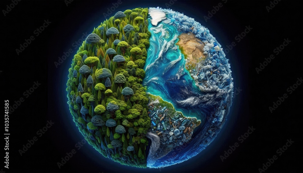 Planet Earth Divided: One Half Lush and Vibrant with Nature, the Other ...