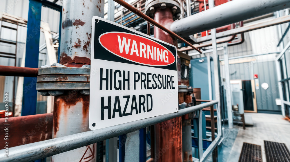 Warning sign indicating high pressure hazard in an industrial setting ...