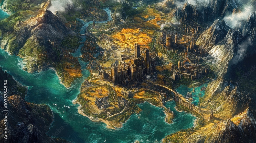 Ilustración de Stock An illustrated map of a fictional fantasy world ...