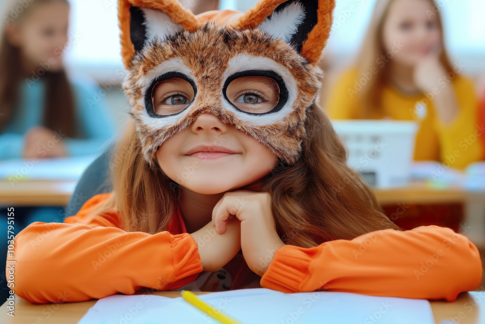 Portrait of therian kid with fluffy fox mask sitting at desk in classroom during lesson at ...