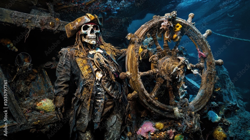 A skeletal pirate leaning against the helm of a sunken ship, deep ...