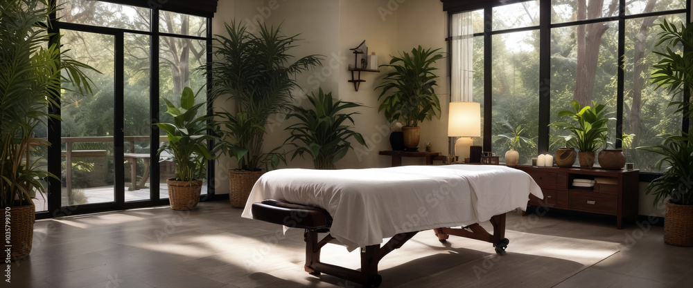 Relaxing massage room with natural light and greenery in a serene ...