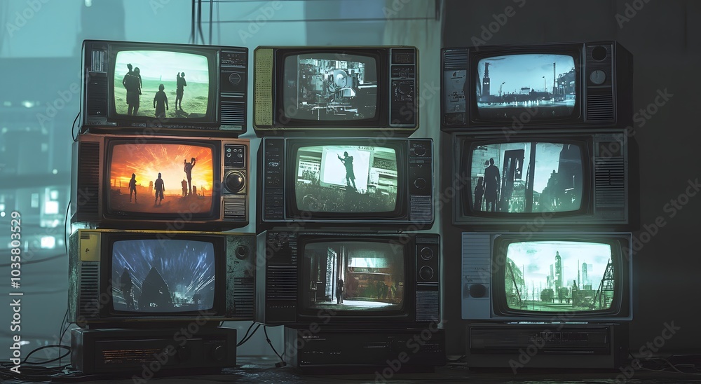 Stacks of old vintage televisions display various nature scenes ...