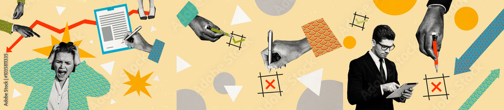 Composite panoramic collage of business project signature approval deny ...