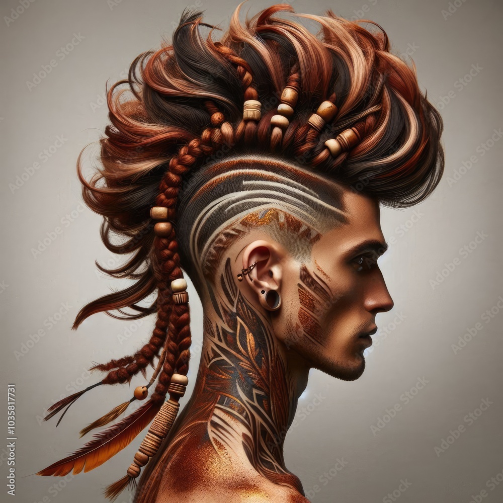 Bold faux hawk hairstyle with shaved tribal patterns, textured twists ...