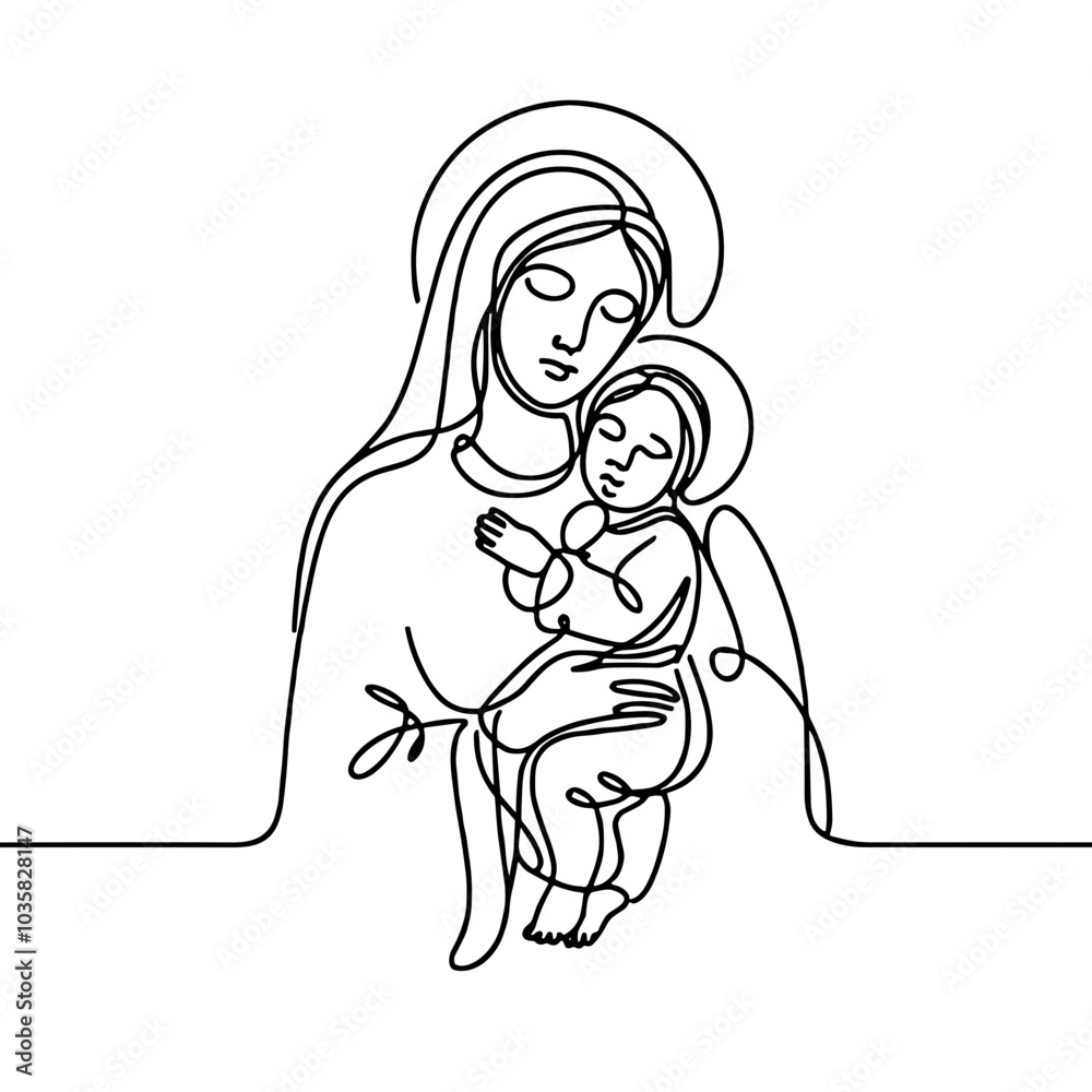 Virgin Mary with baby Jesus in her arms, simple continuous black line ...