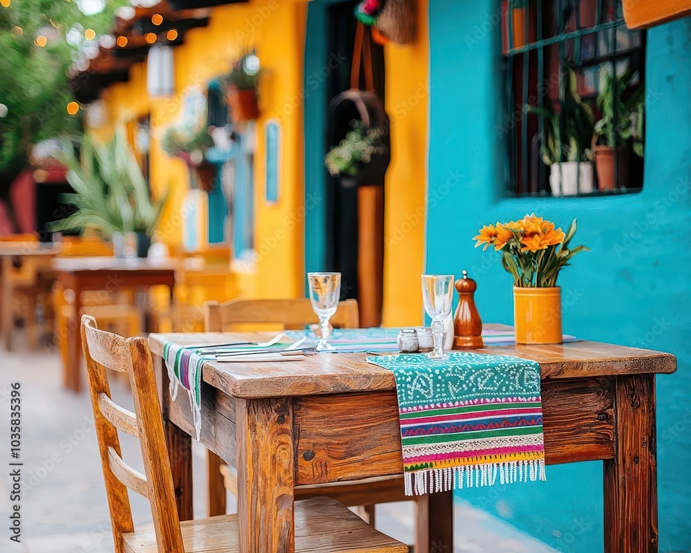 Vibrant Mexican restaurant with colorful murals, handmade wooden ...