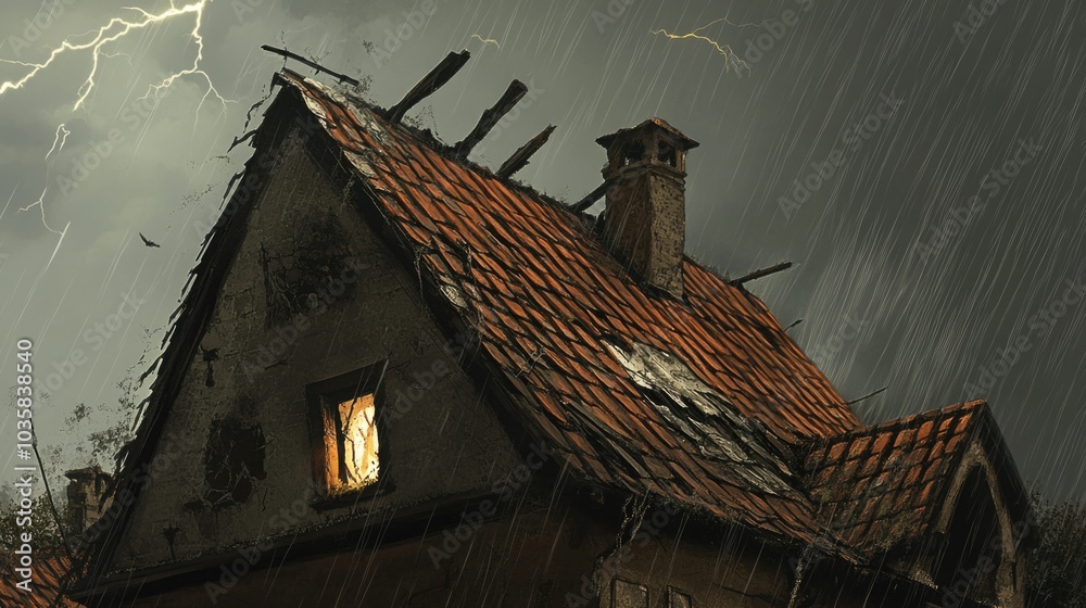 Old house with damaged roof during intense thunderstorm and heavy rain ...