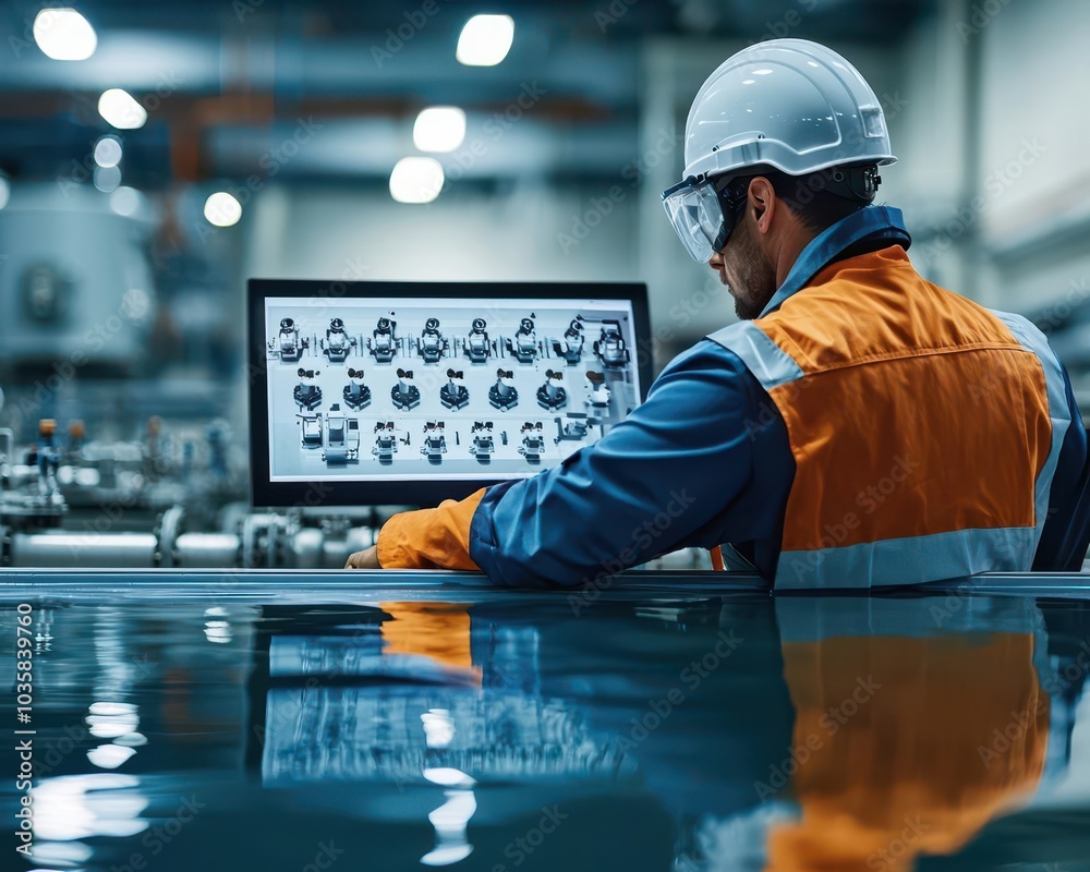 Hightech water treatment facility shown in detail, hydraulic engineer ...