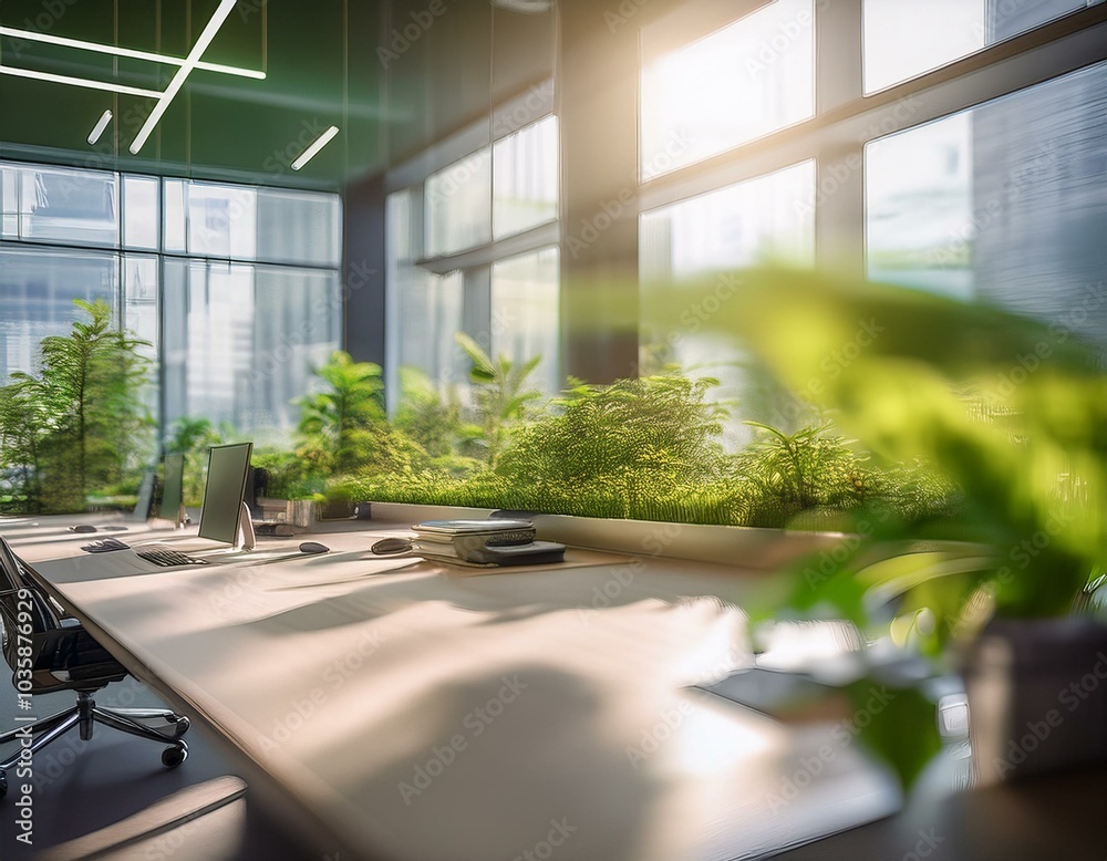 blur background of contemporary office with greenery and bright natural ...