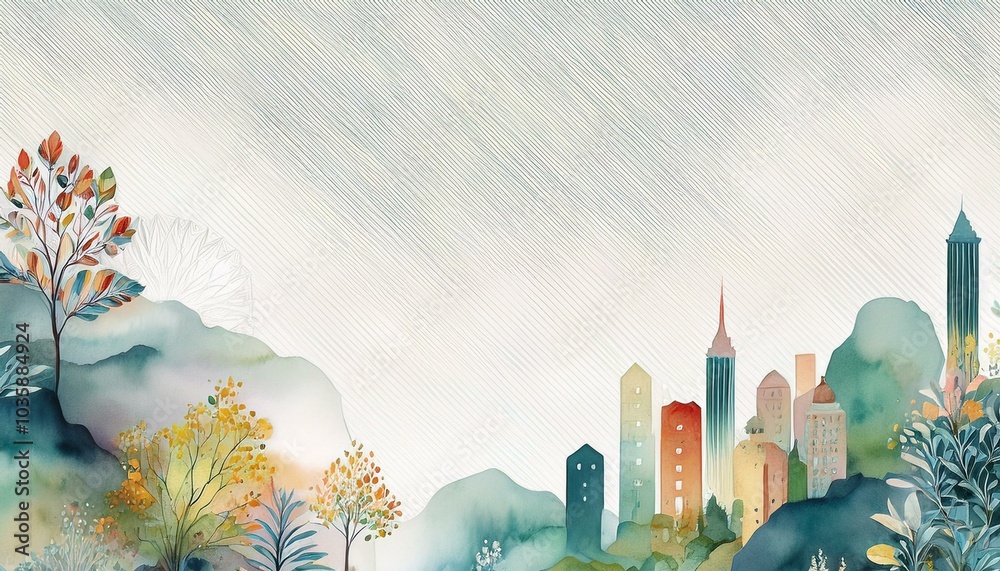 watercolor cityscape art painting background of wall art luxury ...