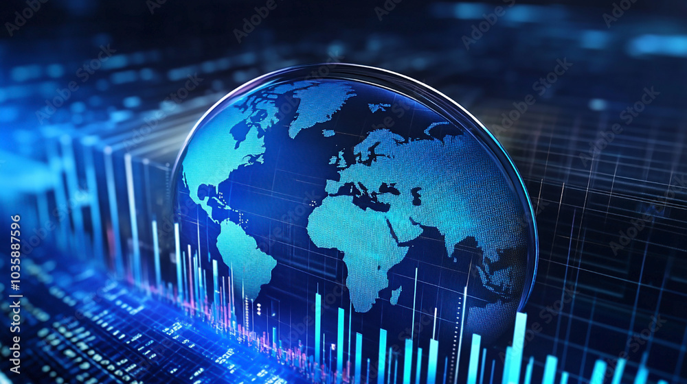 Blue world map with levels and digital indicators and diagrams created ...