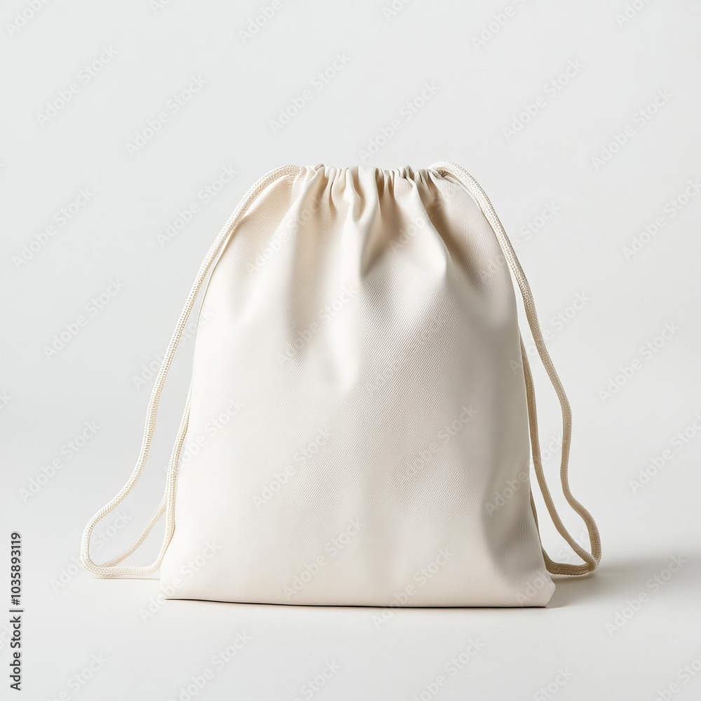 Plain drawstring bag laid flat, clean white background, high-resolution ...
