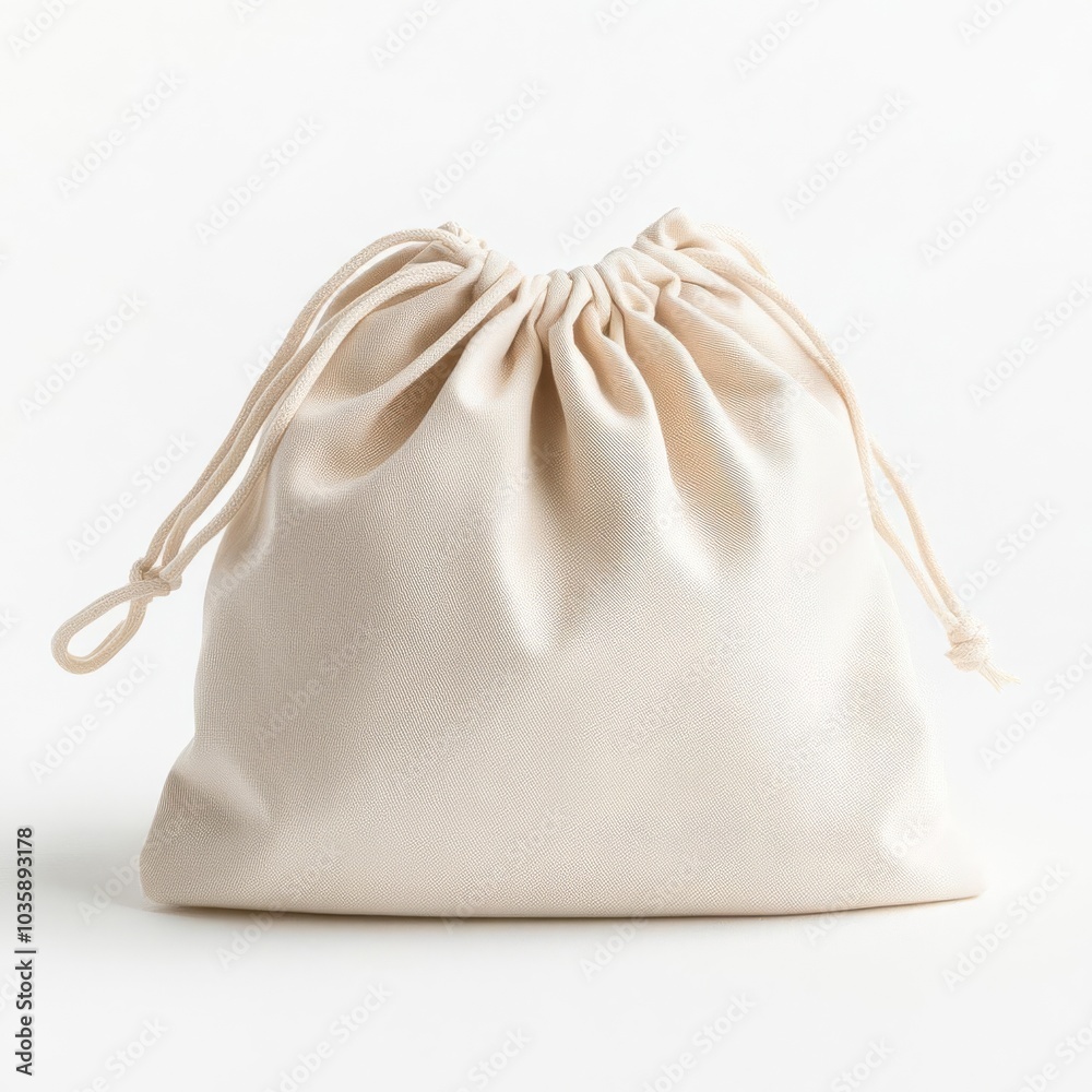 Plain drawstring bag laid flat, clean white background, high-resolution ...