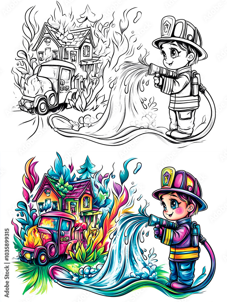 Cute girl firefighter putting out a burning building and a car ...