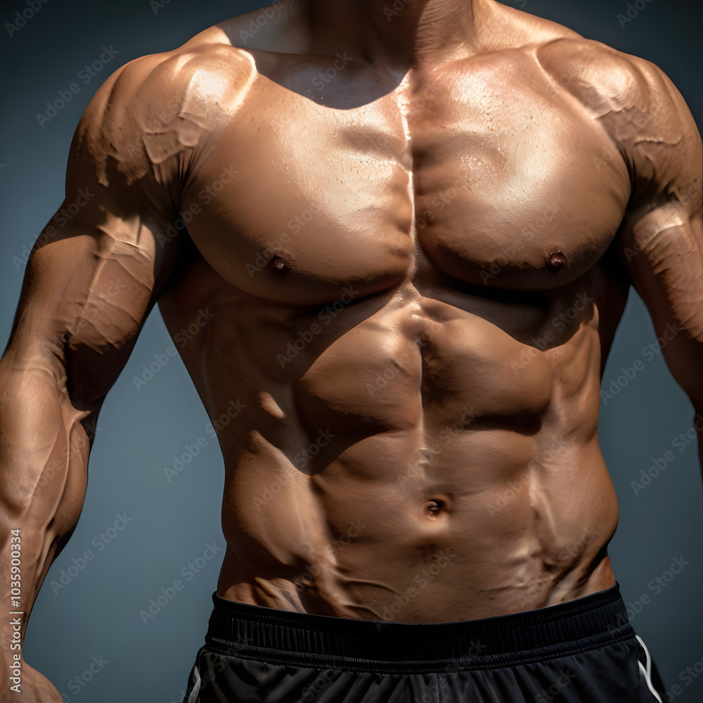 Athletic male torso with defined muscles, shirtless, showing six-pack ...