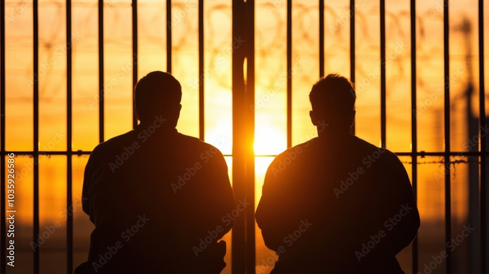 Two silhouettes of inmates sitting by a barred window, illuminated by a ...