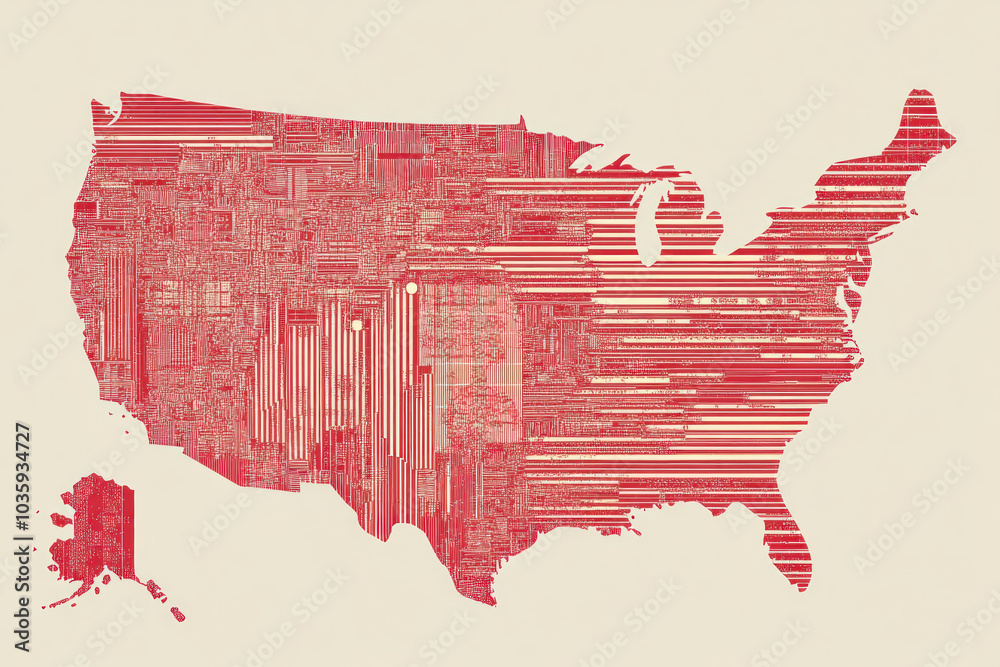 Red and white map of the United States on a table with pens scattered ...
